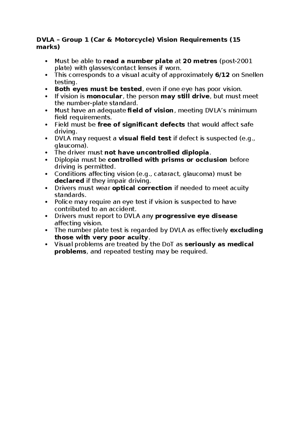 DVLA Vision Requirements for Group 1 & 2 Licences (15 Marks) - Studocu