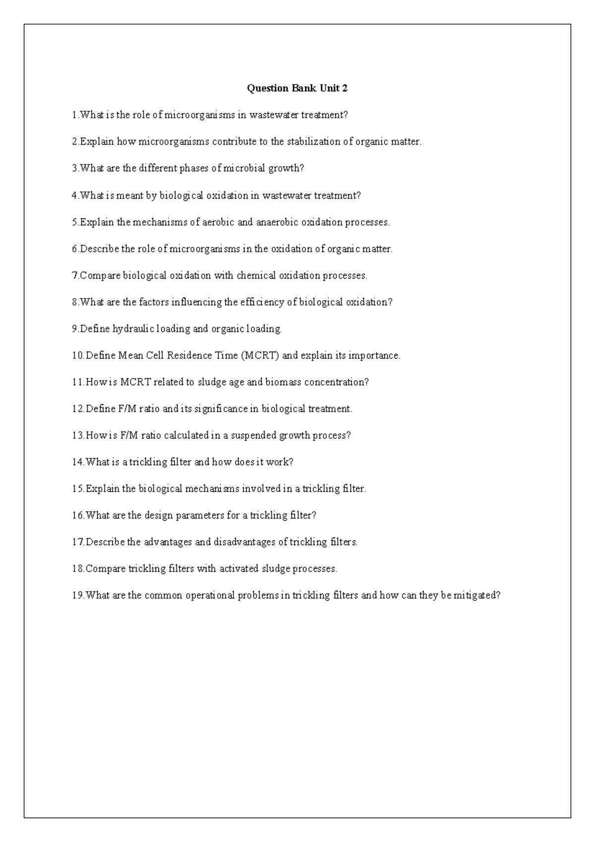 Biological Processes Unit II: Key Questions on Wastewater Treatment ...