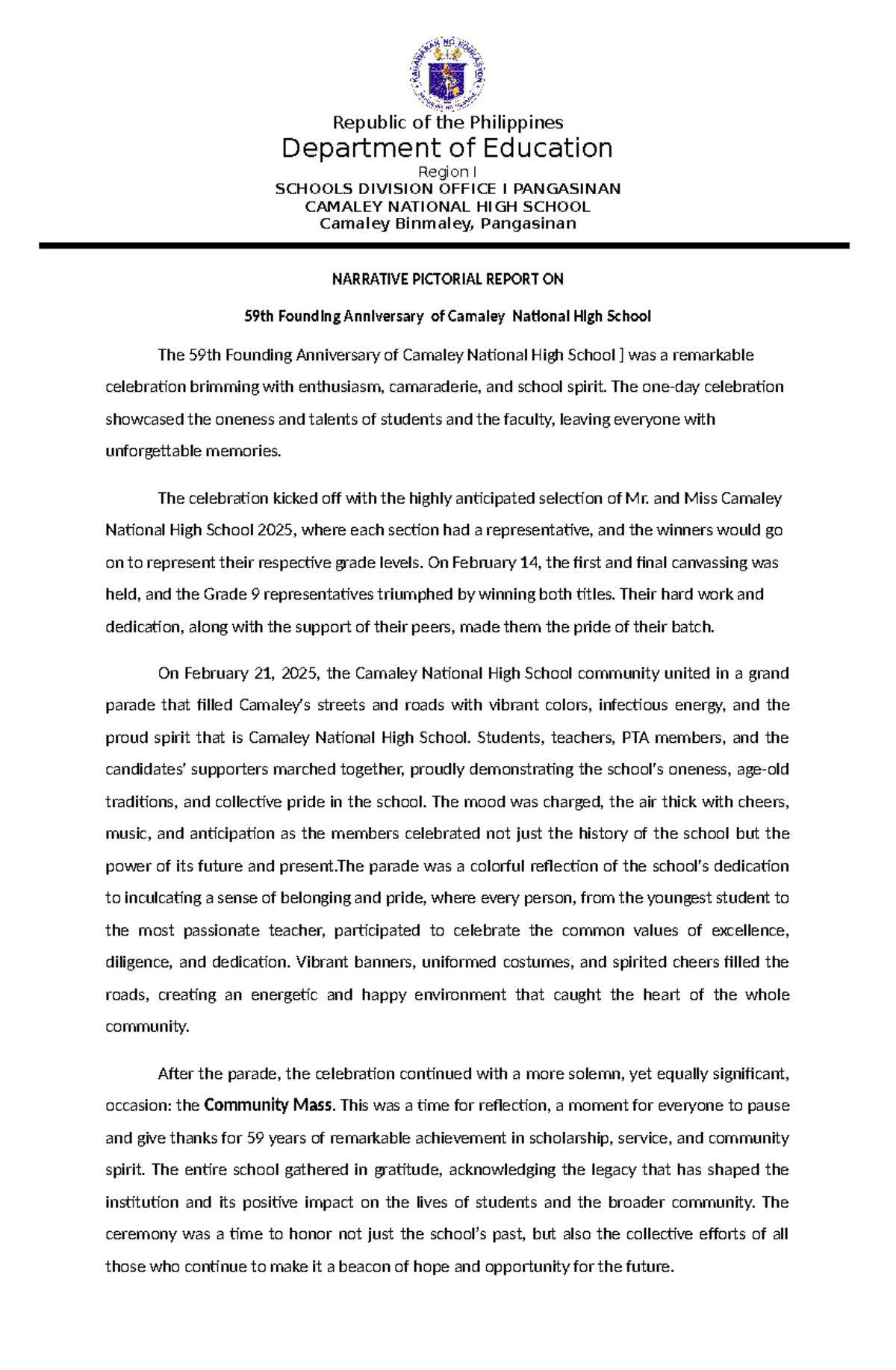 Narrative Pictorial Report on CamaLEY National HS 59th Founding Anniv ...