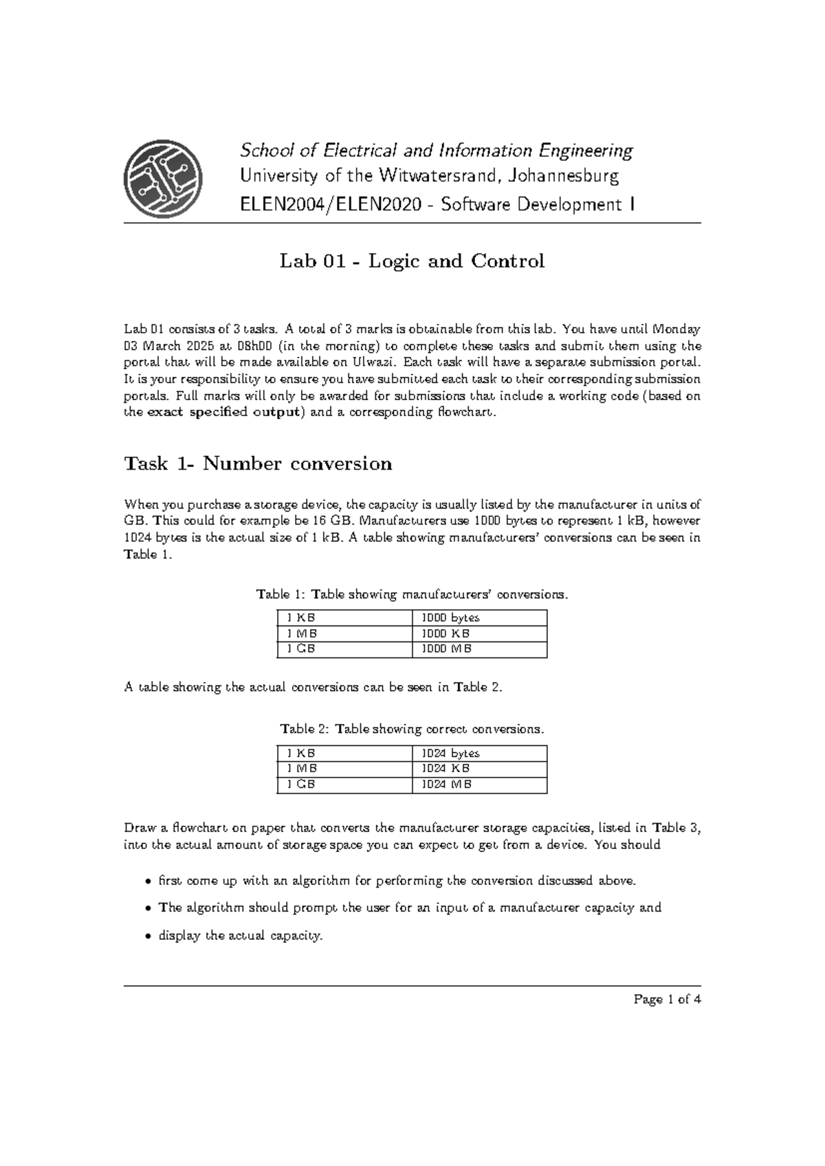 ELEN2020 Lab 01: Logic and Control Tasks & Flowchart Development - Studocu