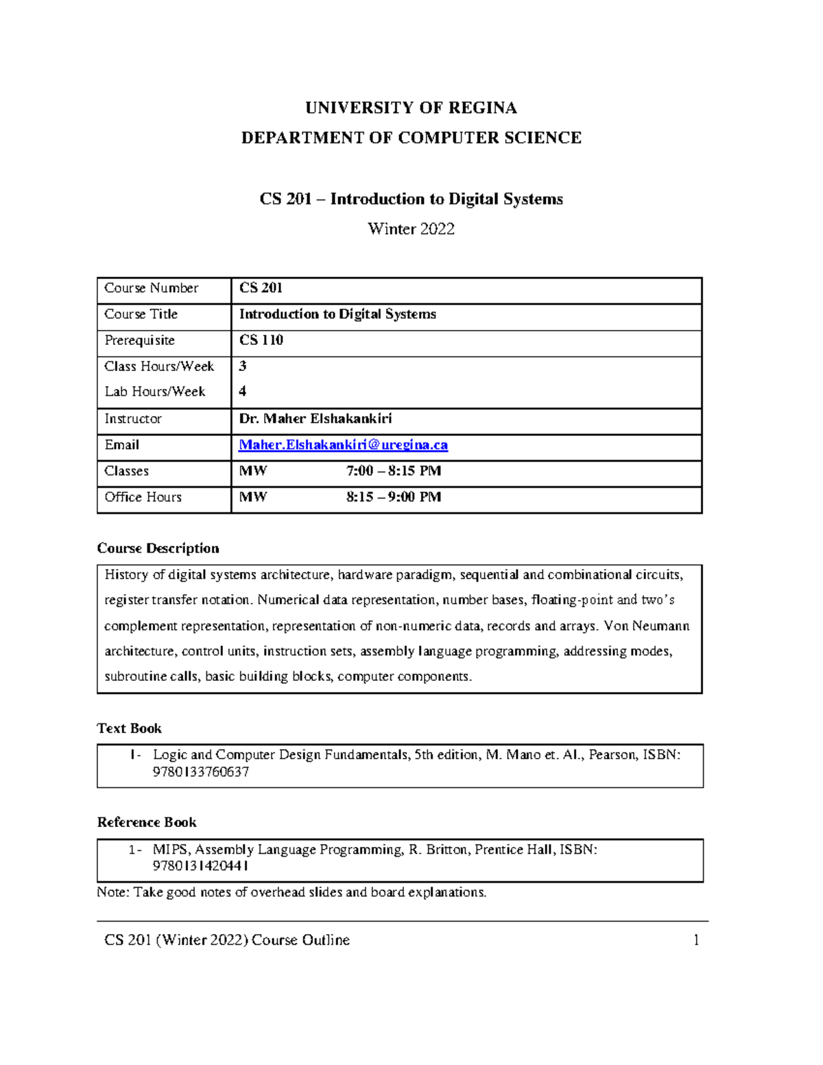 CS201 Winter 2022 Course Outline: Digital Systems Overview - Studocu