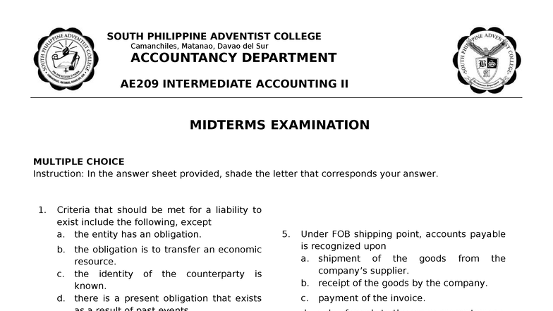 AE209 INTERMEDIATE ACCOUNTING II MIDTERMS EXAMINATION SAMPLE QUESTIONS ...