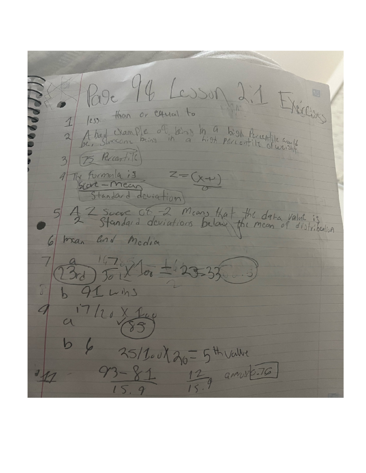 Page 94 Lesson 2.1 Exercises: Understanding Percentiles and Scores ...