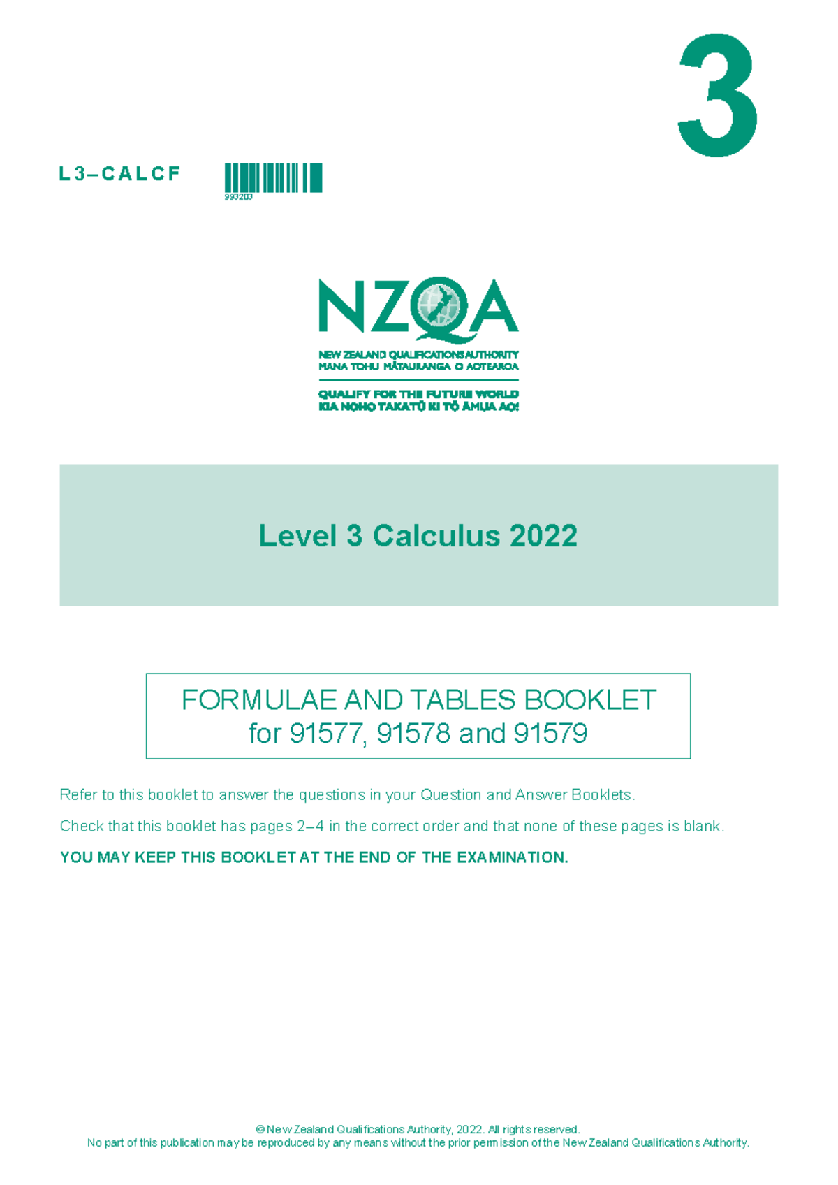 Level 3 Calculus Formulae & Tables Booklet for 91577-91579 (2022) - Studocu