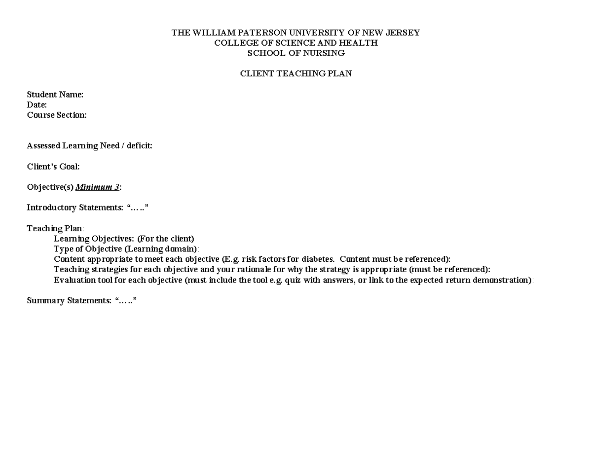 Teaching Plan Template for Nursing Course at William Paterson ...