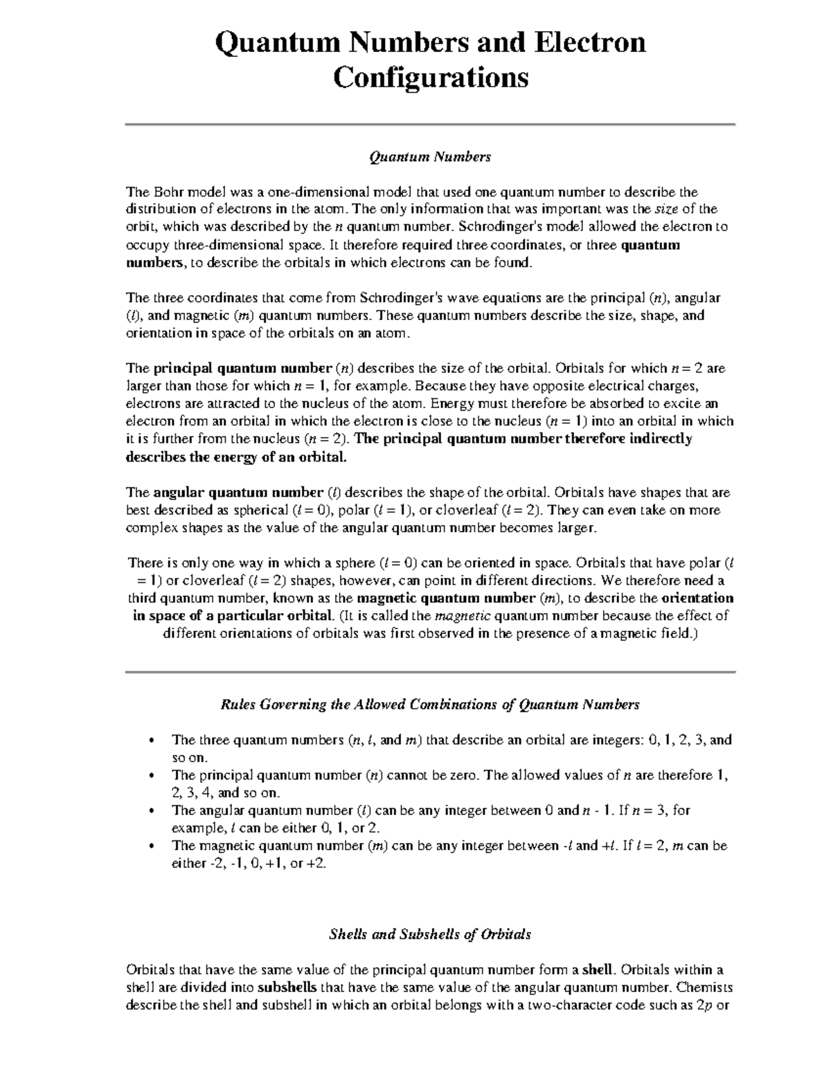 Quantum Numbers and Electron Configurations - Quantum Numbers and ...