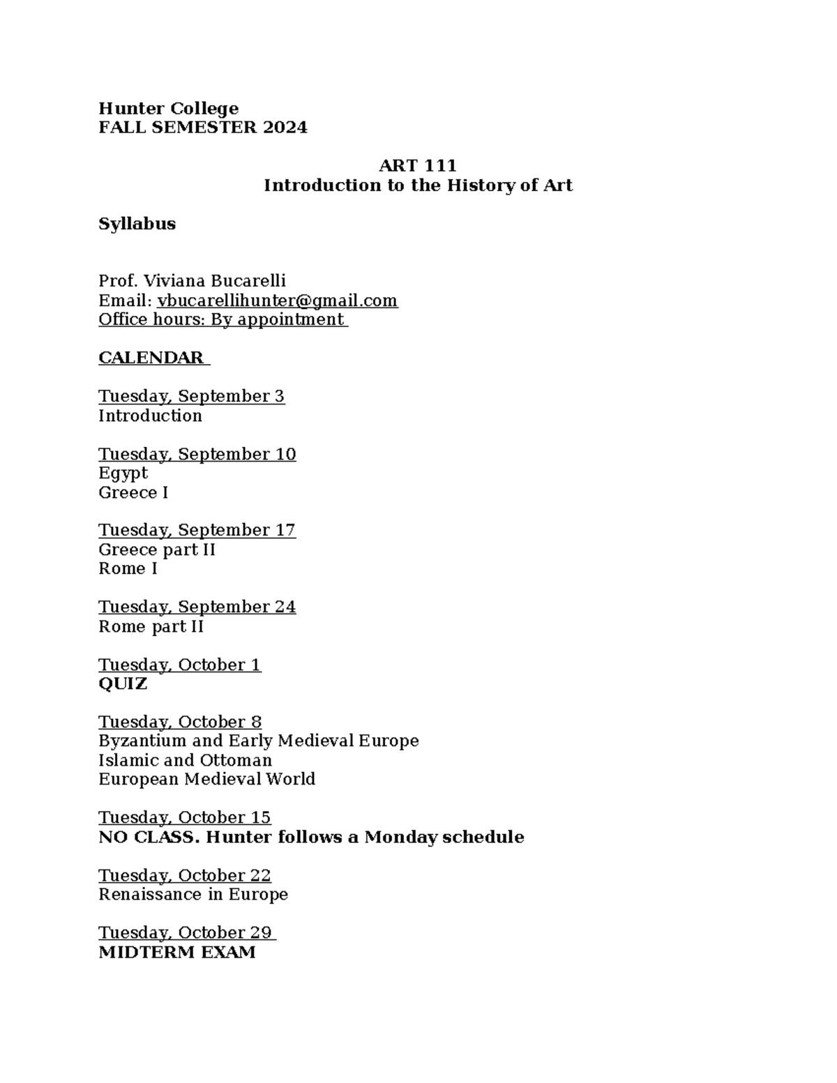 Hunter College ART 111 Fall 2024 Syllabus by Prof. Bucarelli - Studocu
