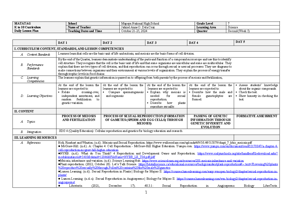 WEEK 5 - Grade 7 Science Lesson Plan on Meiosis and Sexual Reproduction ...