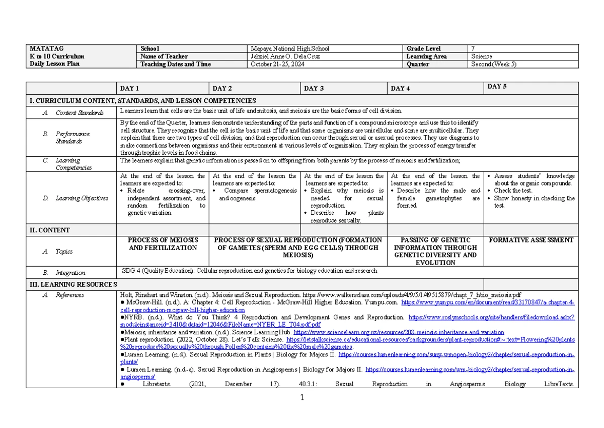 CO1 - Semi-Detailed Lesson Plan in Science 9: Mitosis & Meiosis - Studocu