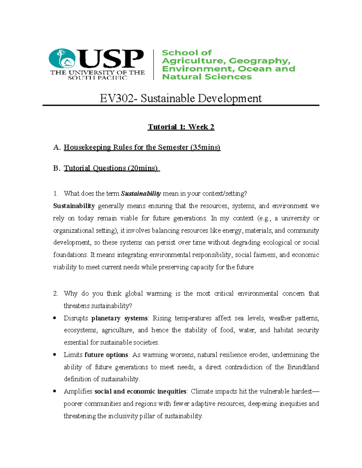 Sustainable Development Tutorial 1: Week 2 Insights and Questions - Studocu