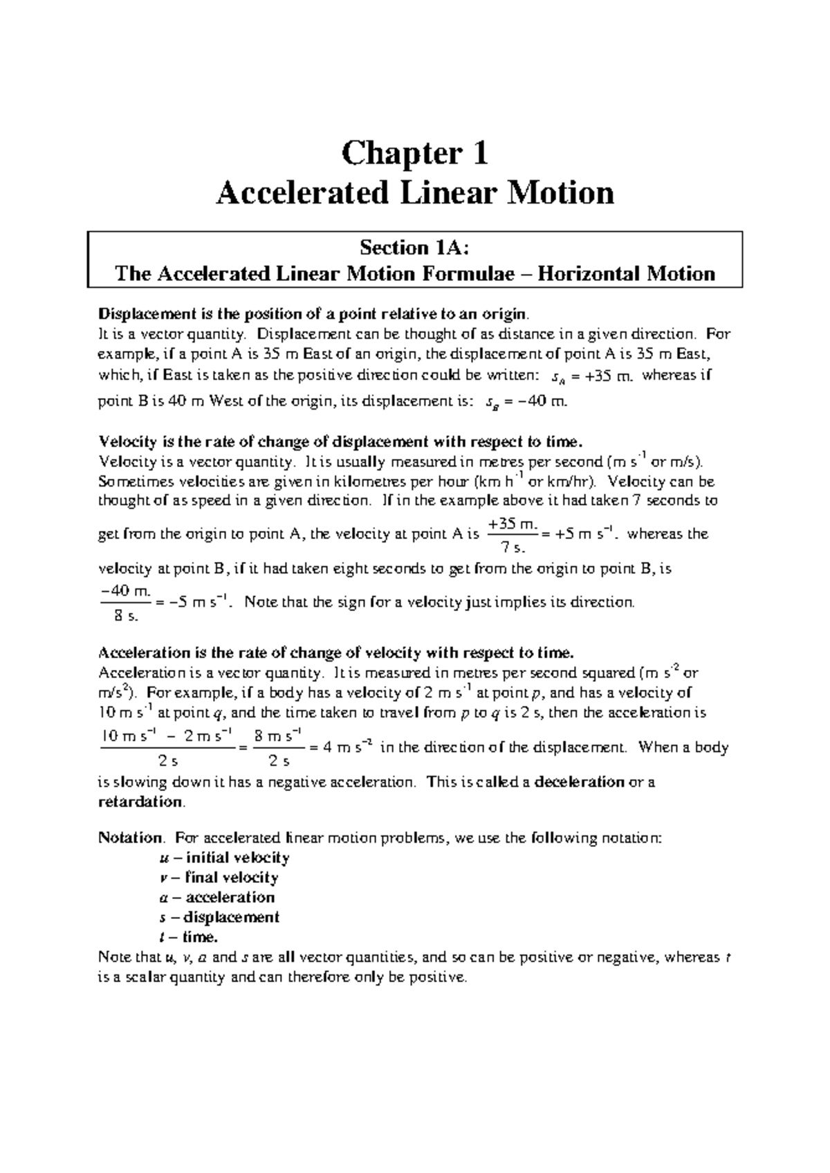 IAM Chap 1A - Accelerated Linear Motion Formulae & Concepts - Studocu