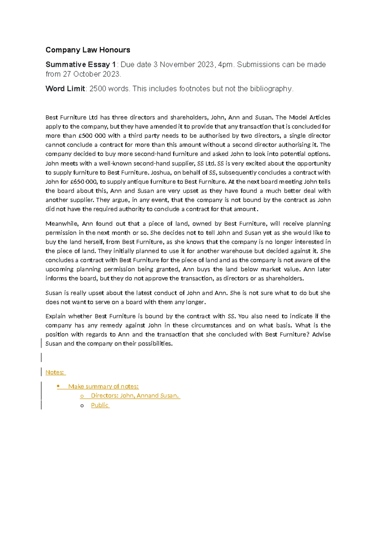 PQ Example Talk with Lecturer - Company Law Honours Summative Essay 1 ...