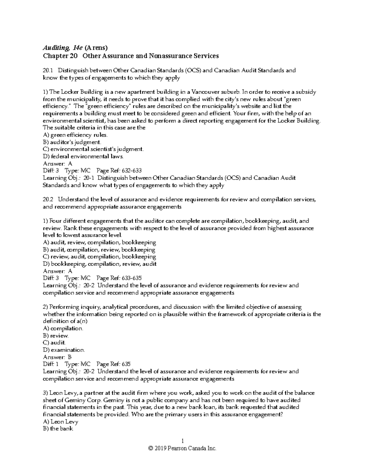 Sample/practice exam 2019, questions and answers - Auditing, 14e (Arens ...