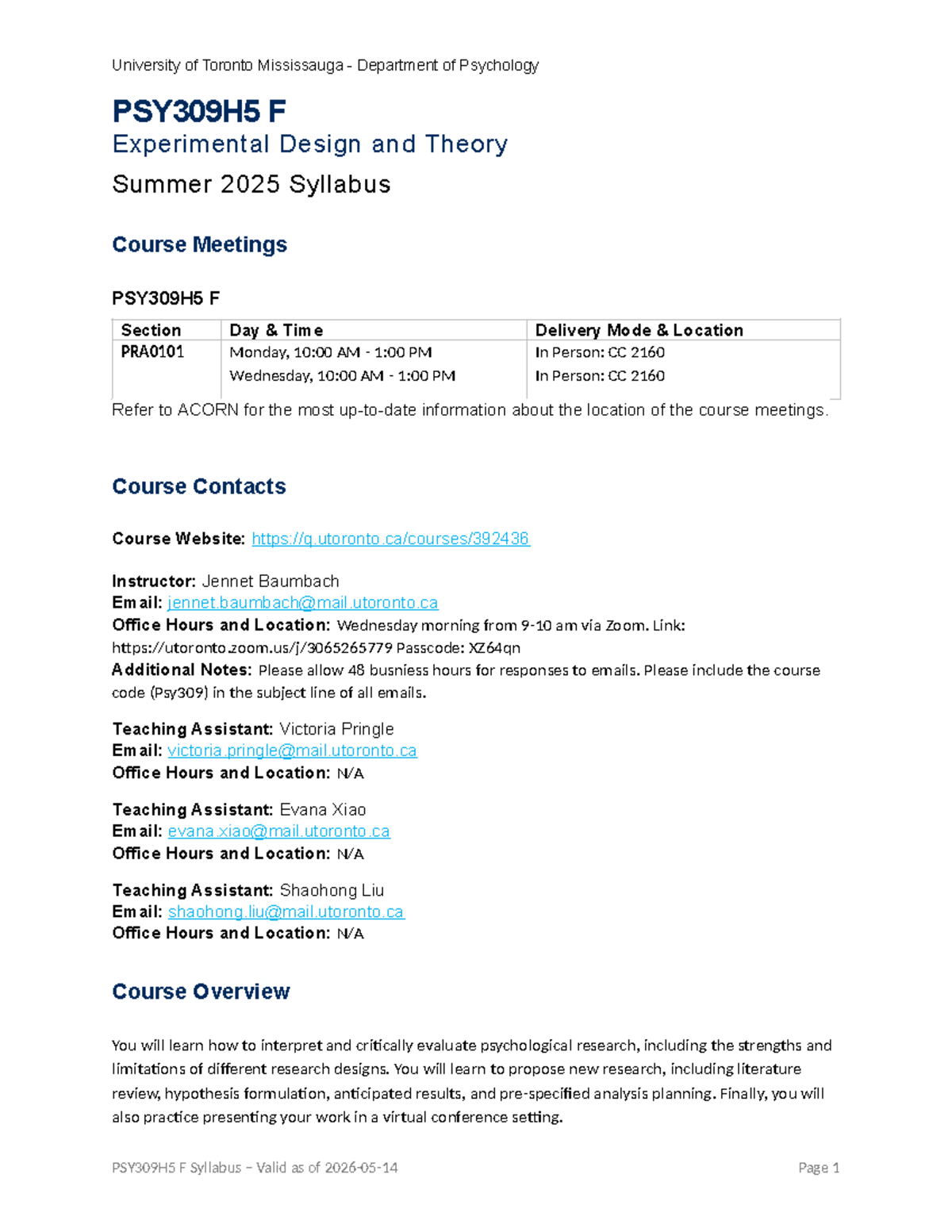 PSY309H5 F Summer 2025 Experimental Design & Theory Syllabus - Studocu