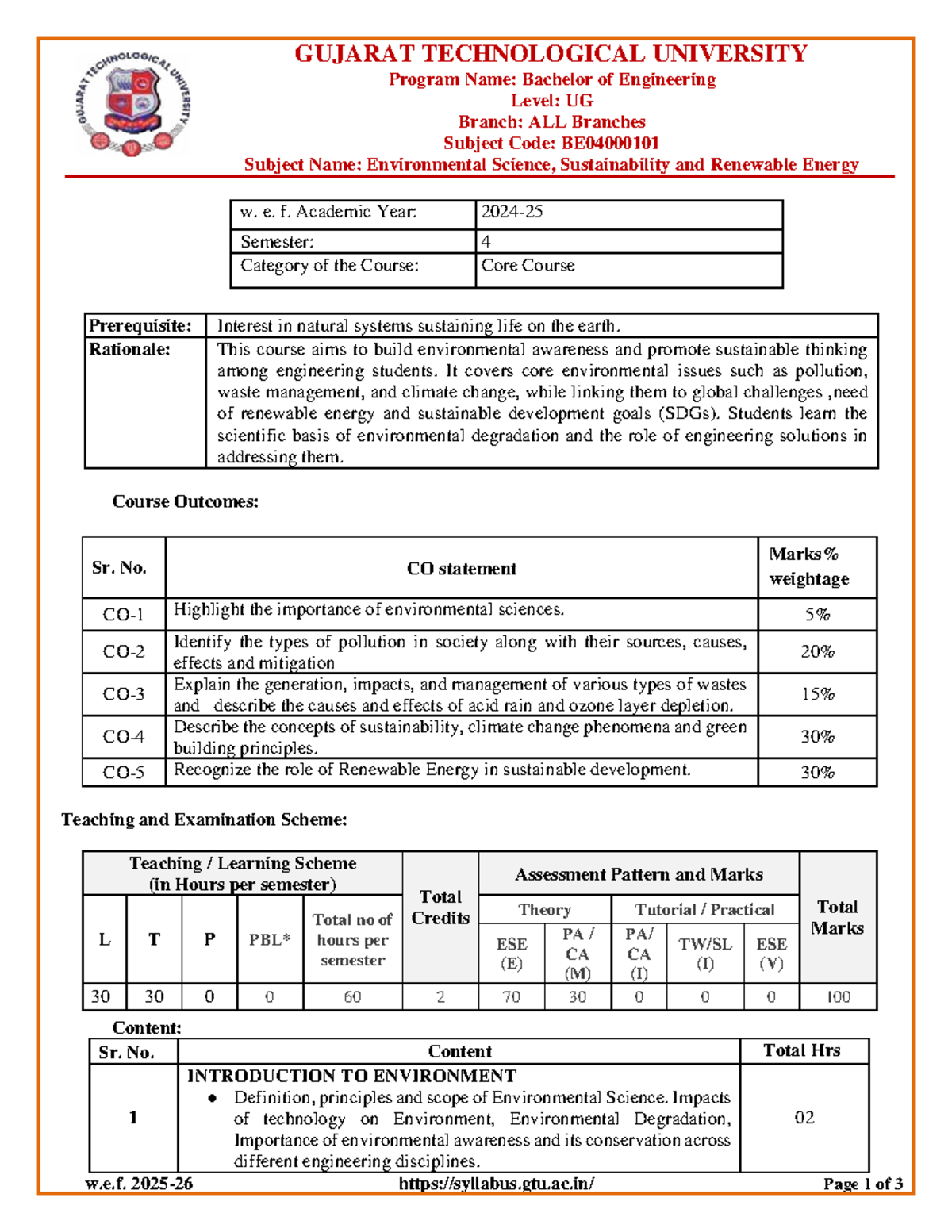 BE 04000101 Environmental Science & Sustainability Syllabus - Studocu