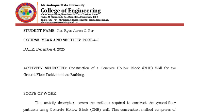 Construction of CHB Wall: Methods & Quality Control (BSCE) - Studocu
