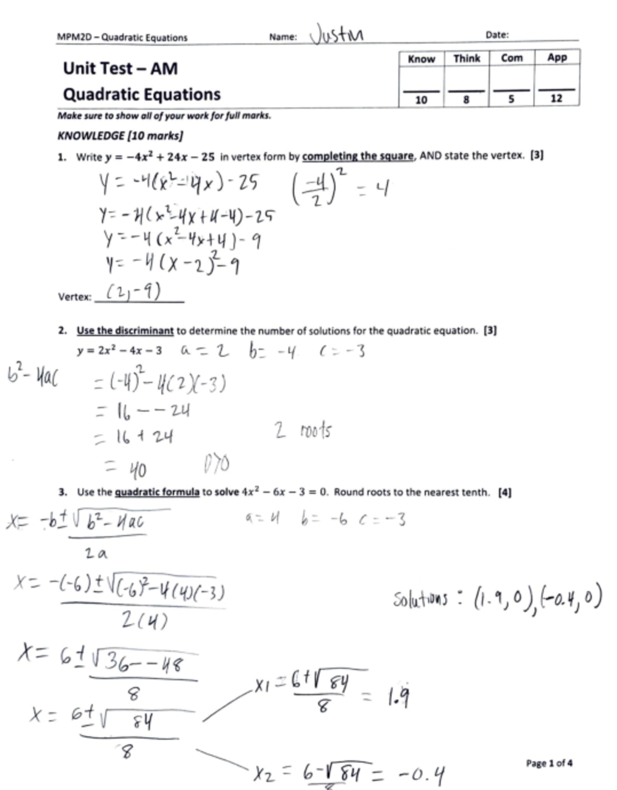 MPM2D - Unit Test on Quadratic Equations - Justin Trinh - Studocu