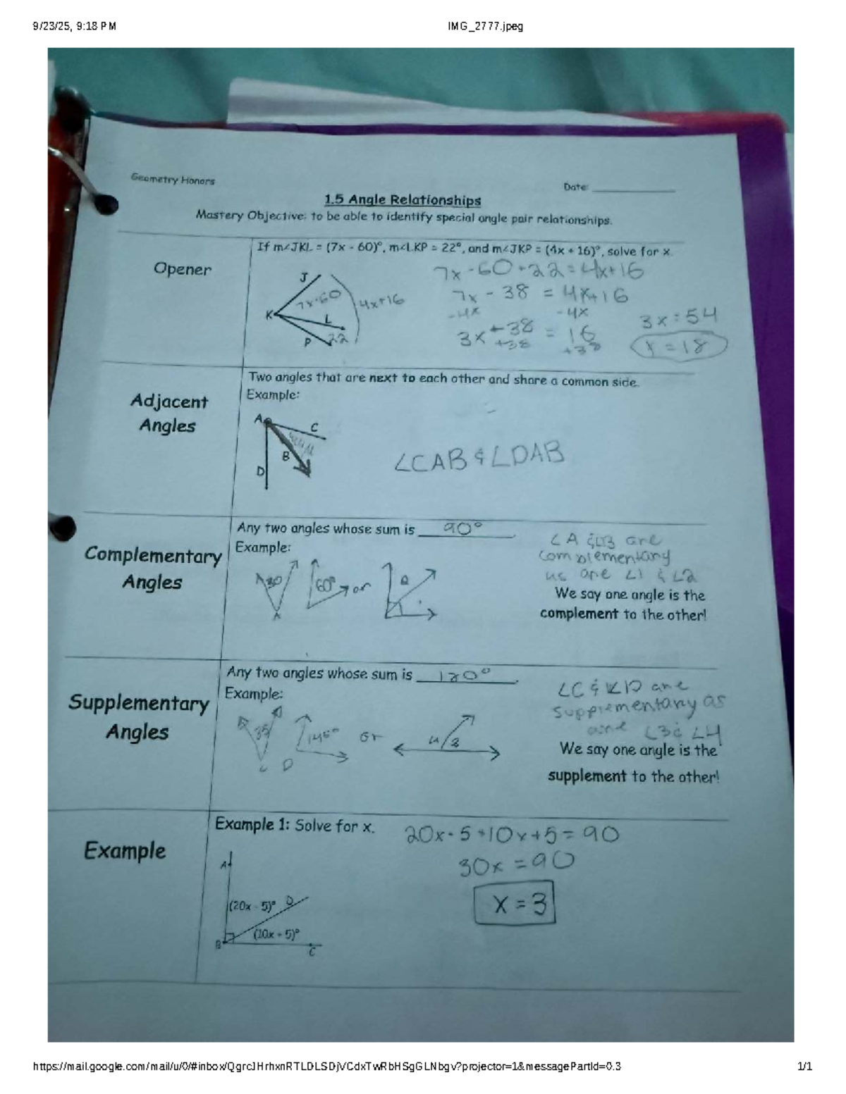 Geometry Honors (9:18 PM) - Angle Relationships Mastery Guide - Studocu