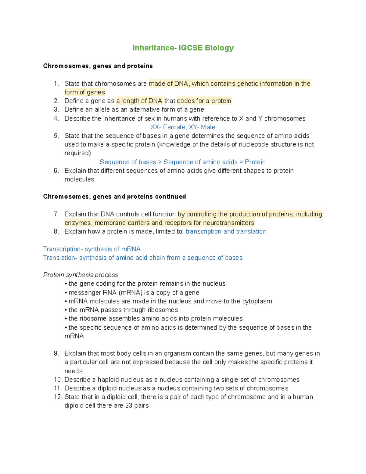 Inheritance- Igcse Biology - Inheritance- IGCSE Biology Chromosomes, genes and proteins 1. State ...