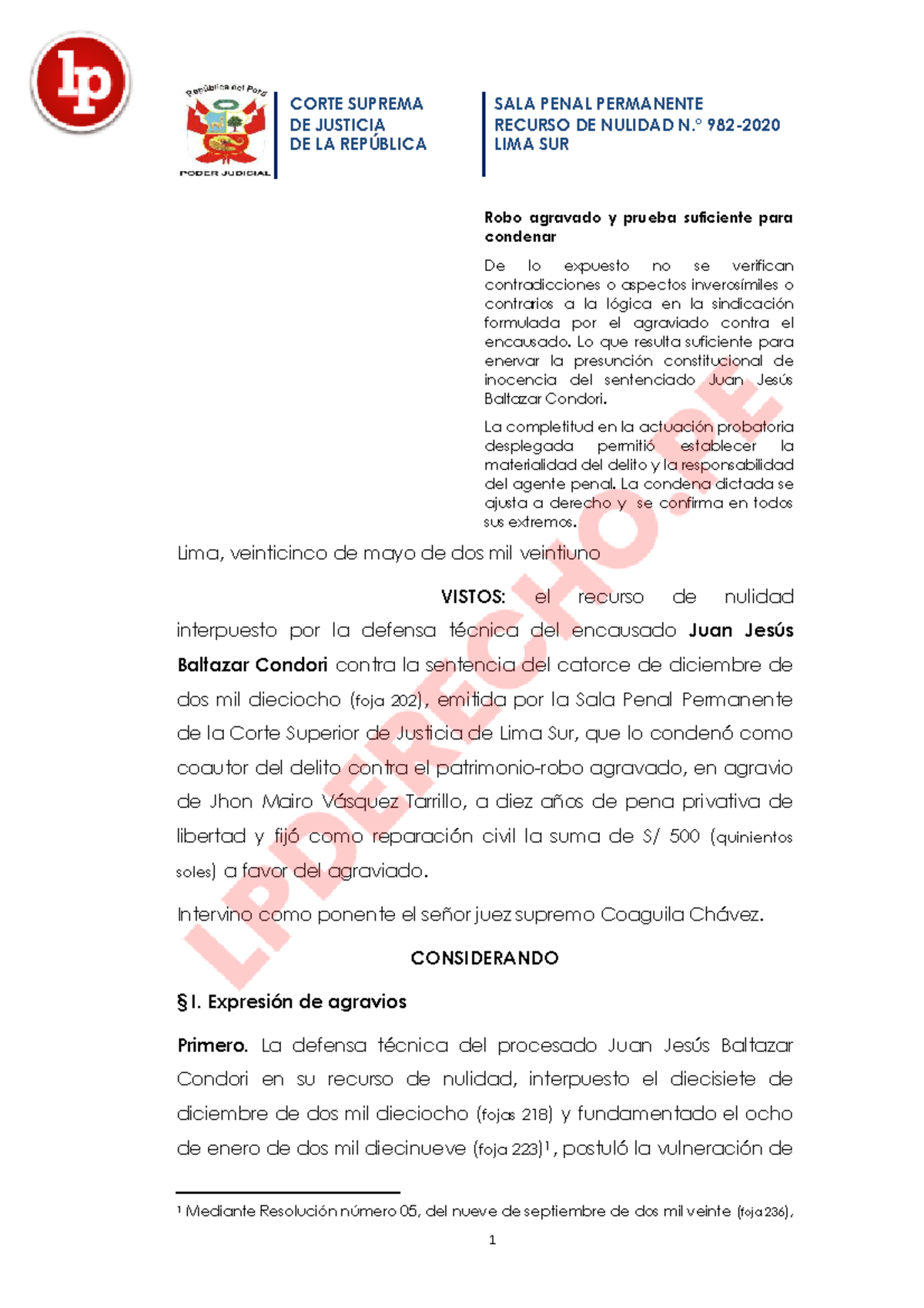 Recurso de Nulidad 982-2020: Robo Agravado y Prueba Suficiente en Lima ...