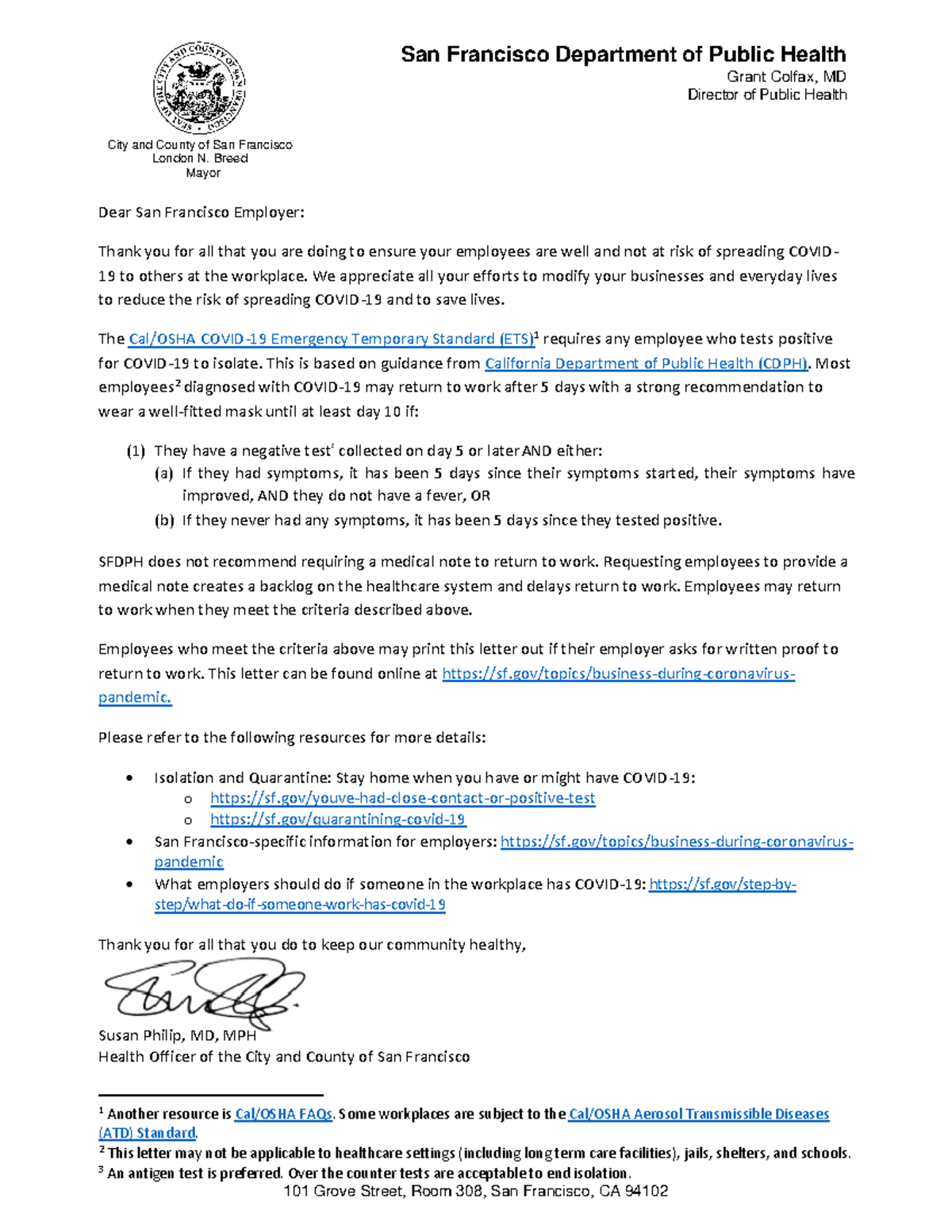 COVID-19 Return-to-Work Letter from SF Department of Public Health ...