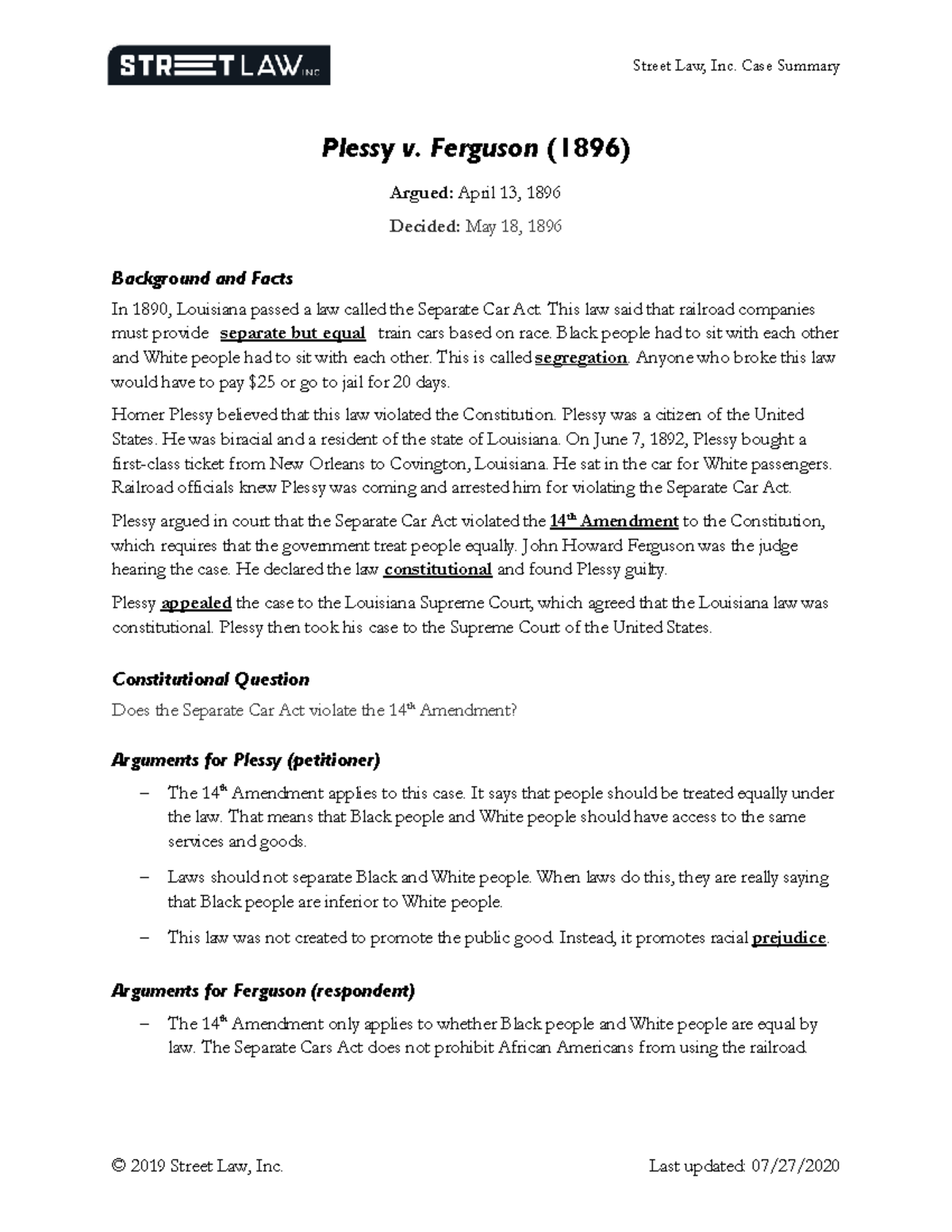 Plessy v. Ferguson (1896): Analyzing "Separate but Equal" Doctrine ...