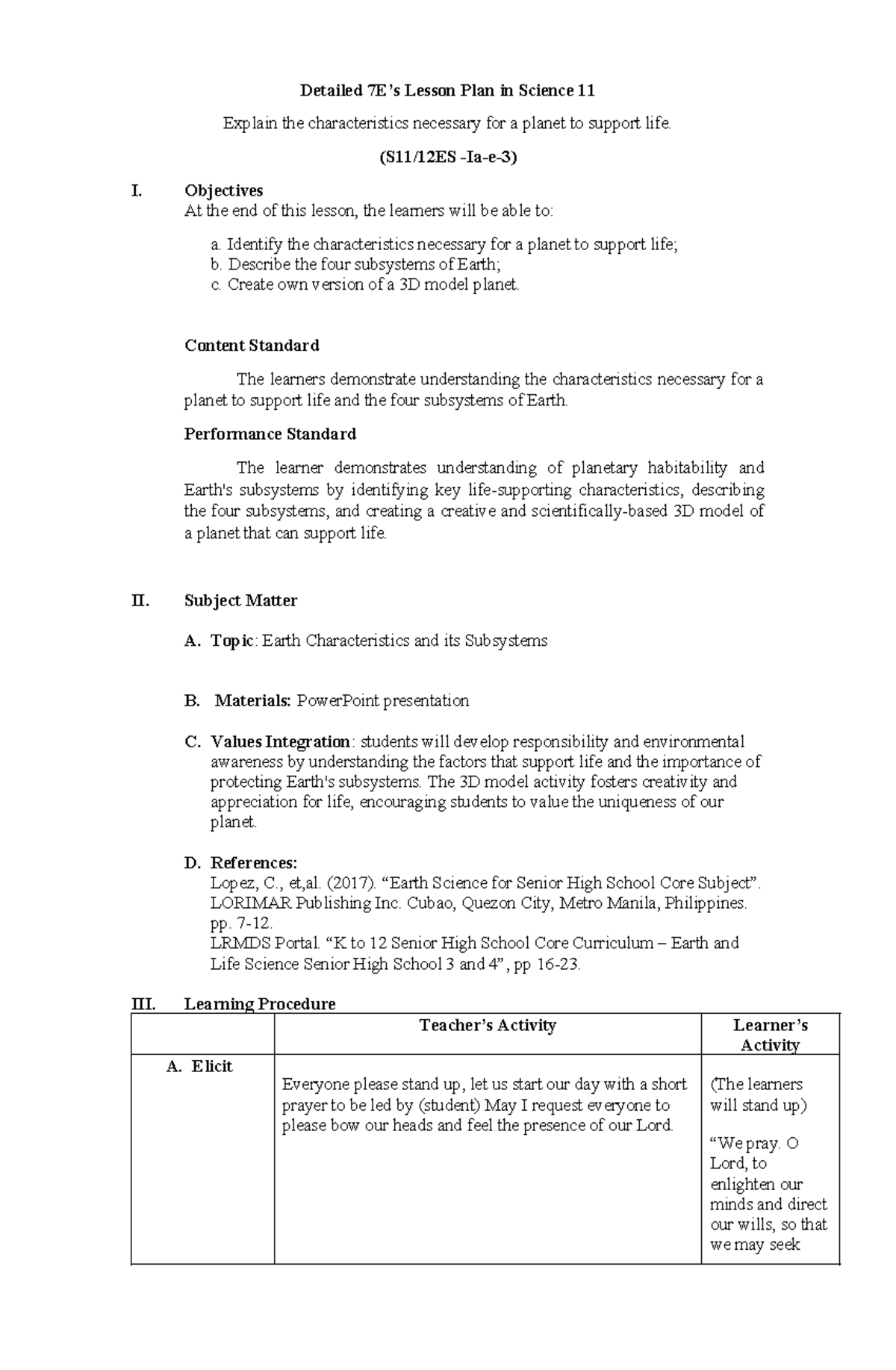 Detailed Lesson Plan: Characteristics of Habitable Planets (AJ-SHS ...