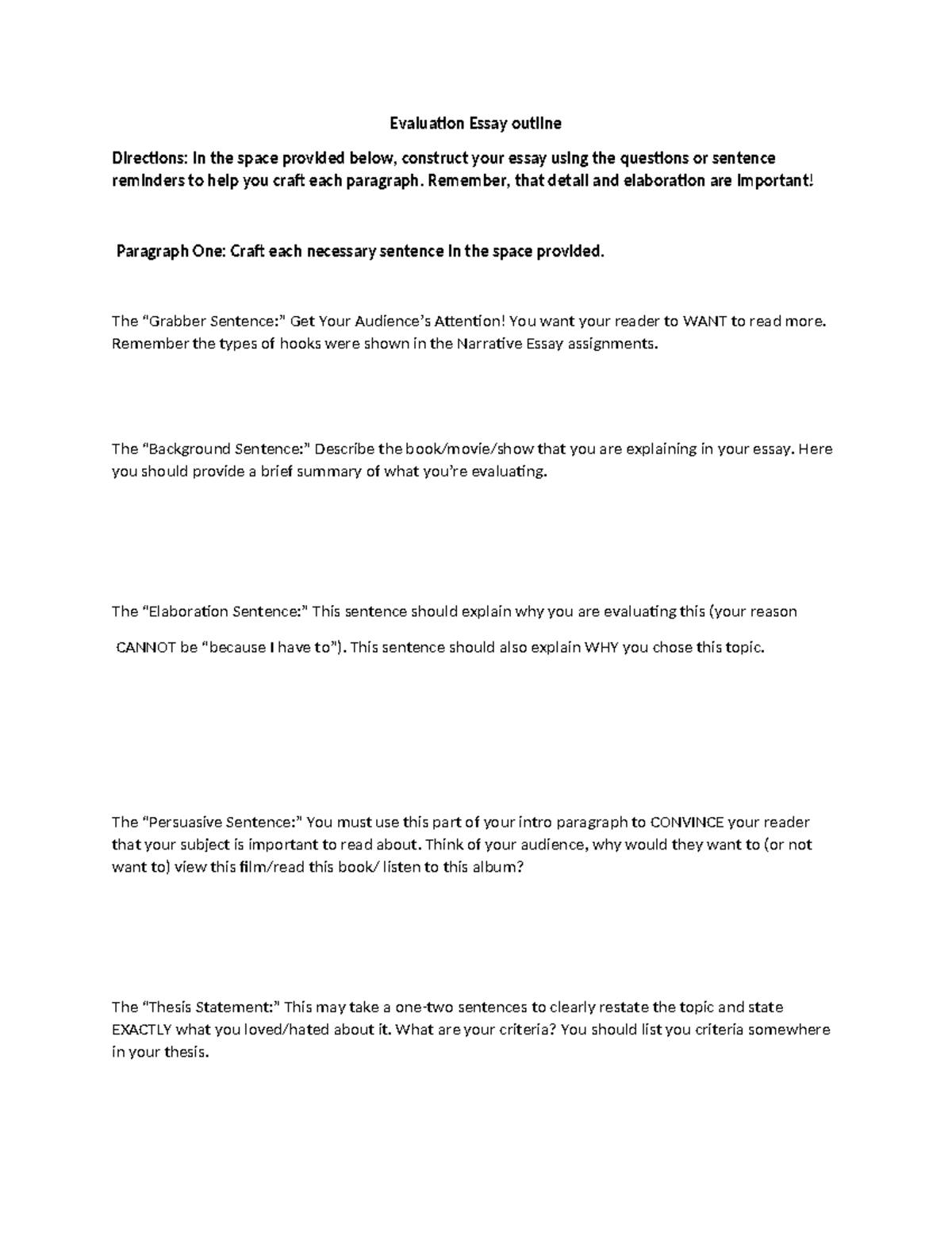 Evaluation Essay Outline Guide for Effective Writing - Studocu