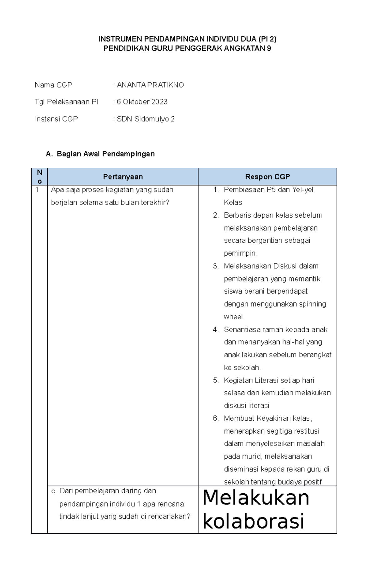 Instrumen Pendampingan Individu DUA untuk PGP Angkatan 9 CGP Ananta ...
