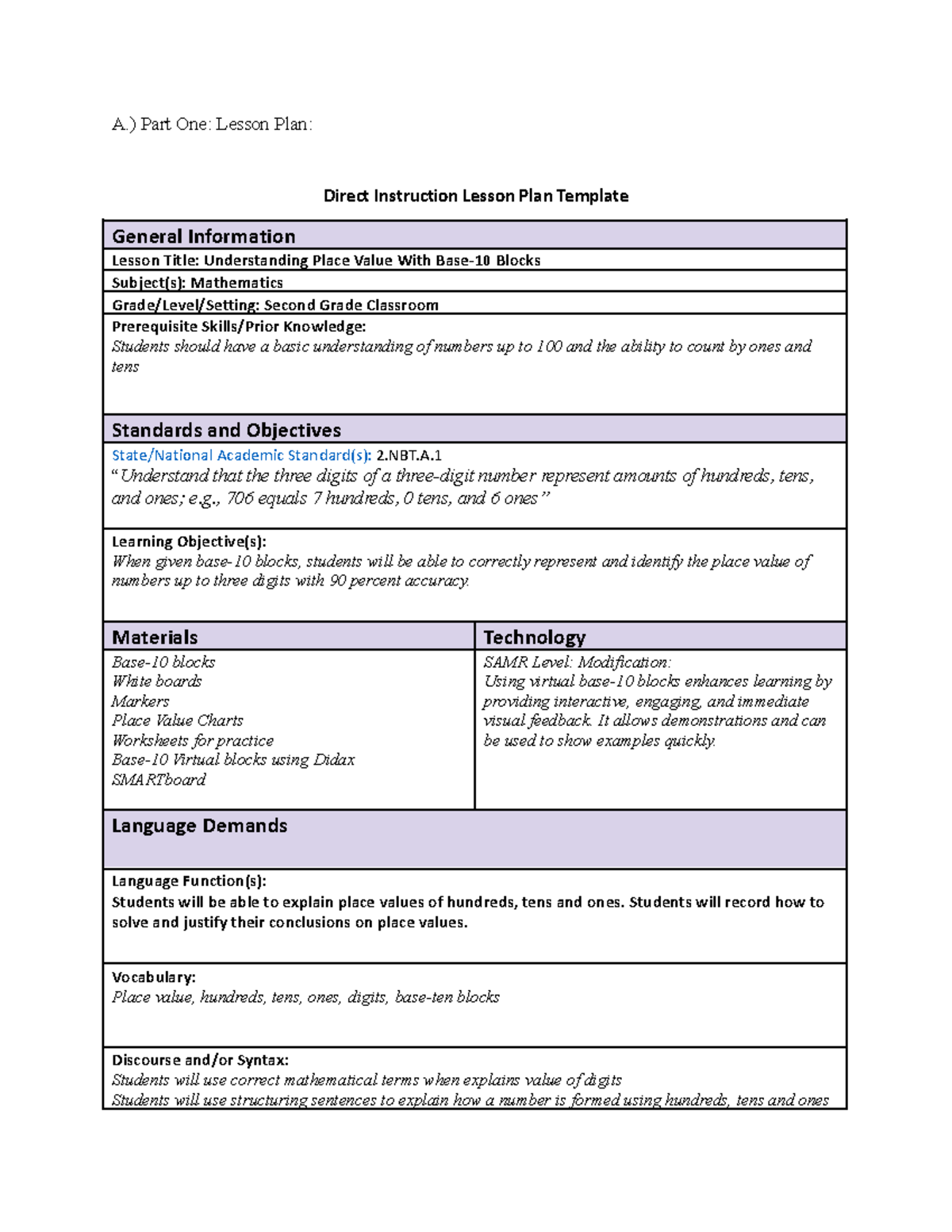 Lesson Plan Math C381 - A.) Part One: Lesson Plan: Direct Instruction ...