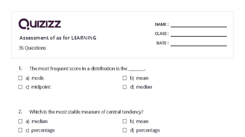 Assessment of Learning: Quizizz Questions and Answers - Studocu