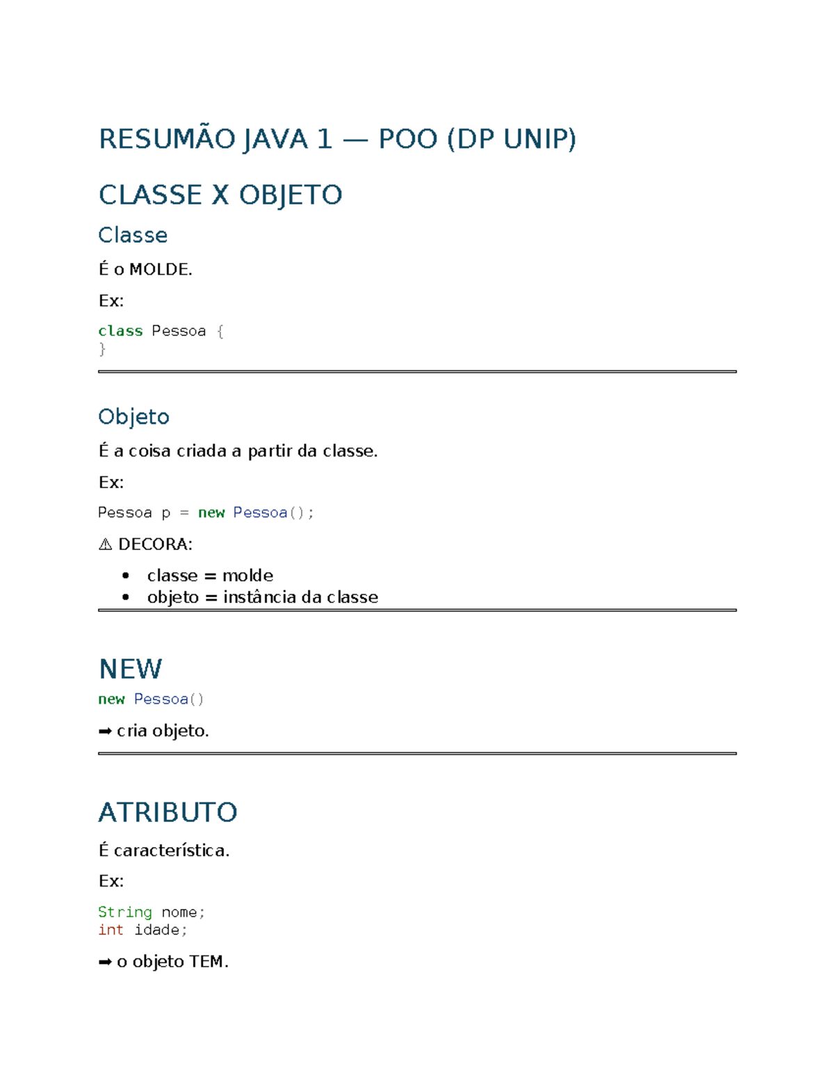Resumão Java 1 POO (DP UNIP) - Conceitos e Dicas para Prova - Studocu