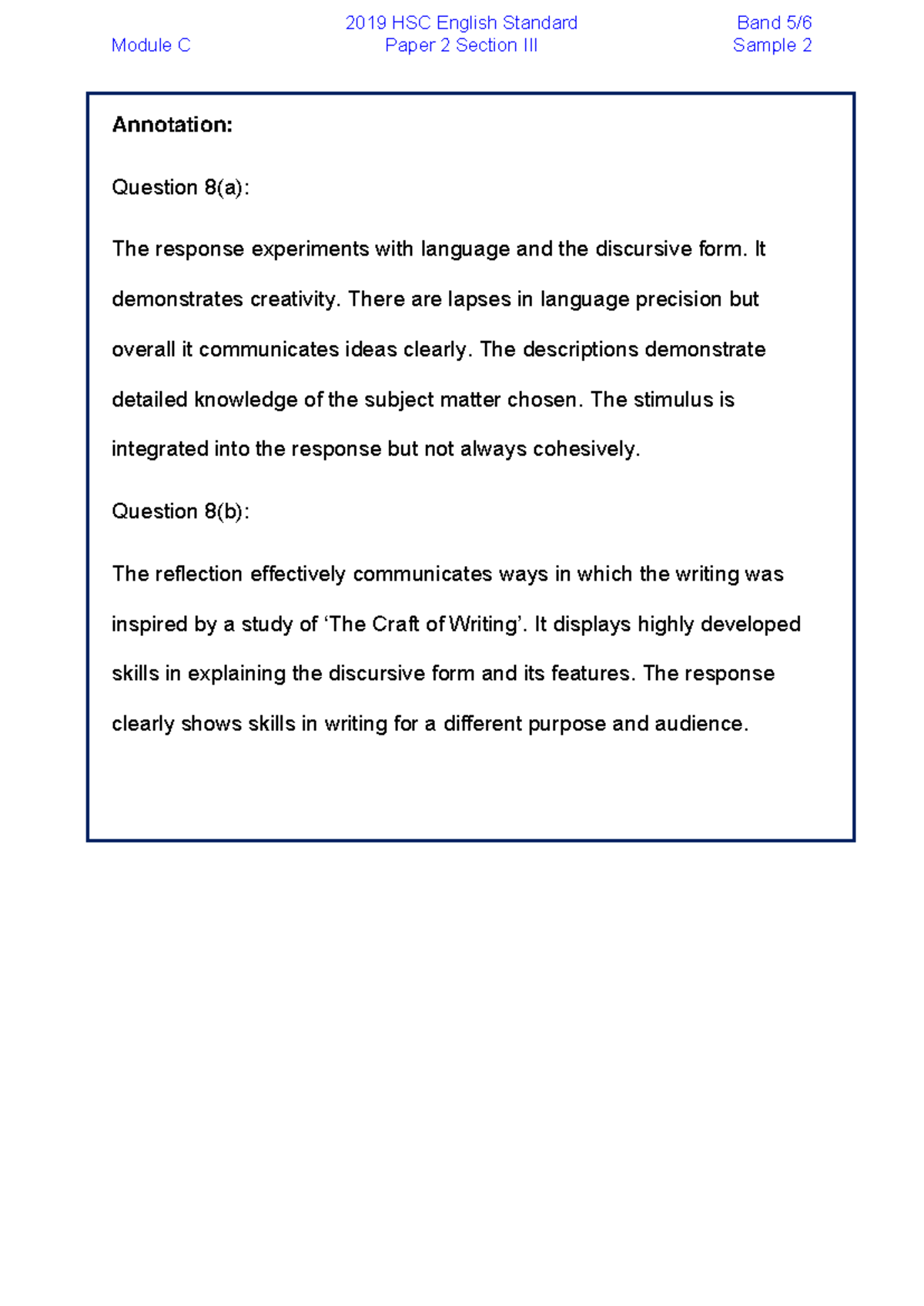 2019 HSC English Standard Paper 2 Module C Band Sample 2 Analysis - Studocu