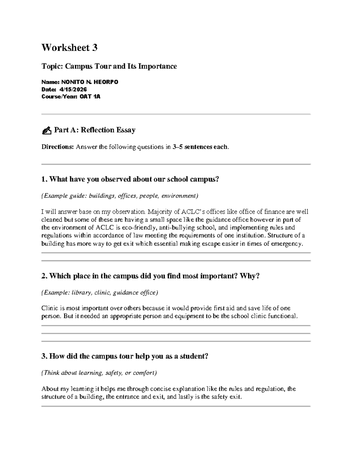 Worksheet 3: Importance of Campus Tour - Reflection & Essay (36789 ...