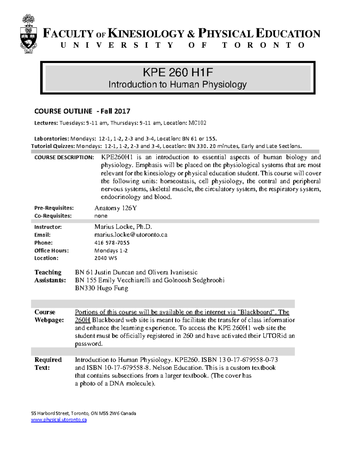 KPE 260H1 - Fall 2017 Course Outline and Weekly Schedule - Studocu