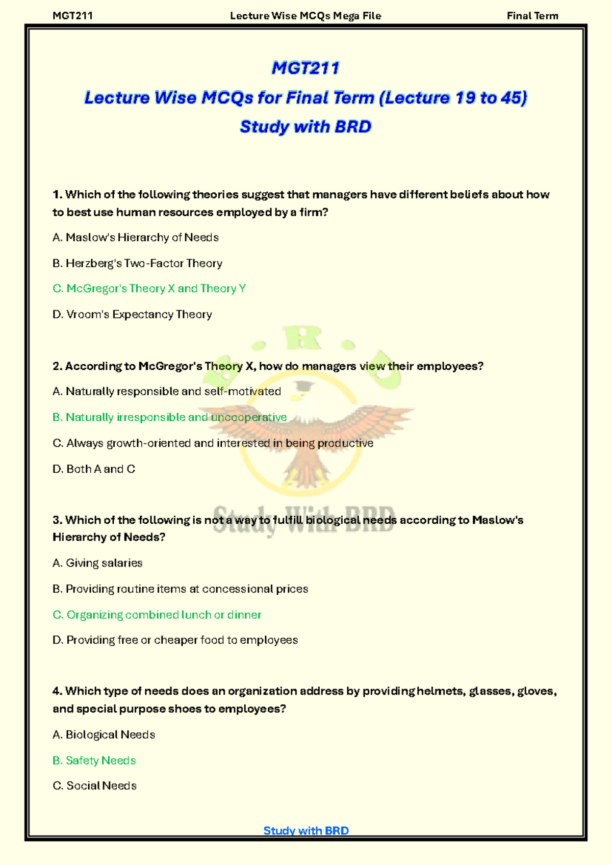 MGT211 Final Term Lecture Wise MCQs Compiled by Study with BRD - Studocu