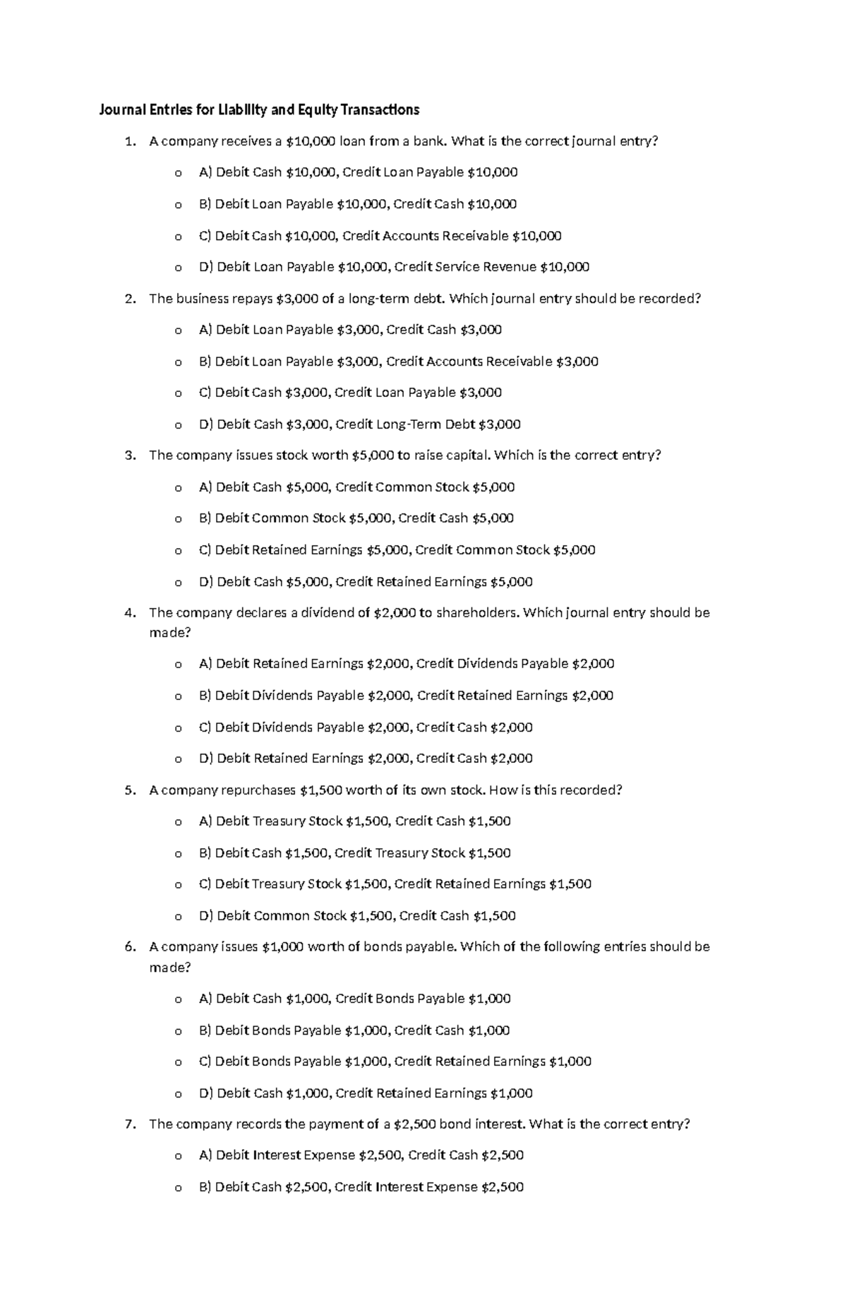 Journal Entries for Liability and Equity Transactions (FIN 101) - Studocu