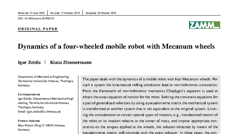 Dynamics of a Four-Wheeled Mobile Robot with Mecanum Wheels - Studocu