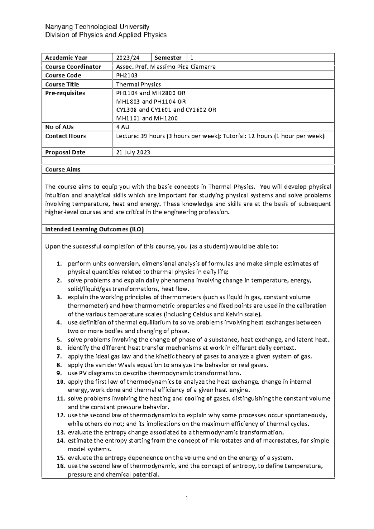 PH2103 Thermal Physics Syllabus and Course Overview - Studocu