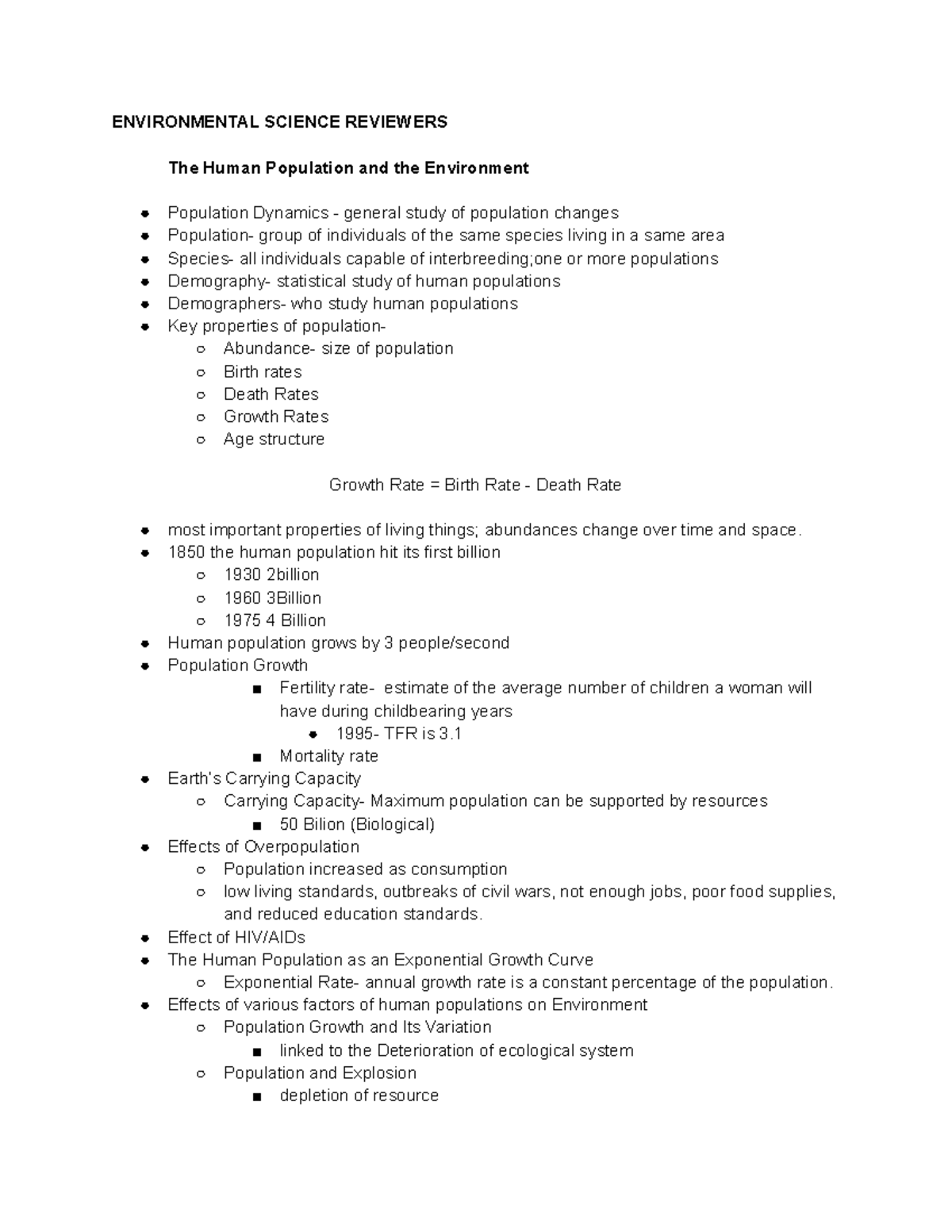 Environmental Science Review: Human Population & Ecosystem Dynamics ...