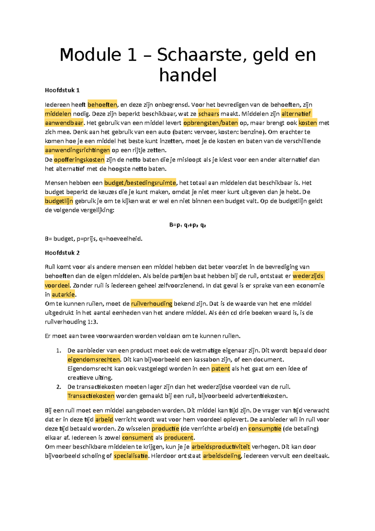 Module 1: Schaarste, Geld en Handel - Inleiding tot Economie - Studeersnel