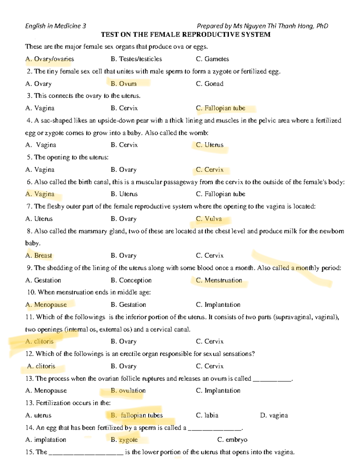 TEST ON THE Female Reproductive System - English in Medicine 3 Prepared ...