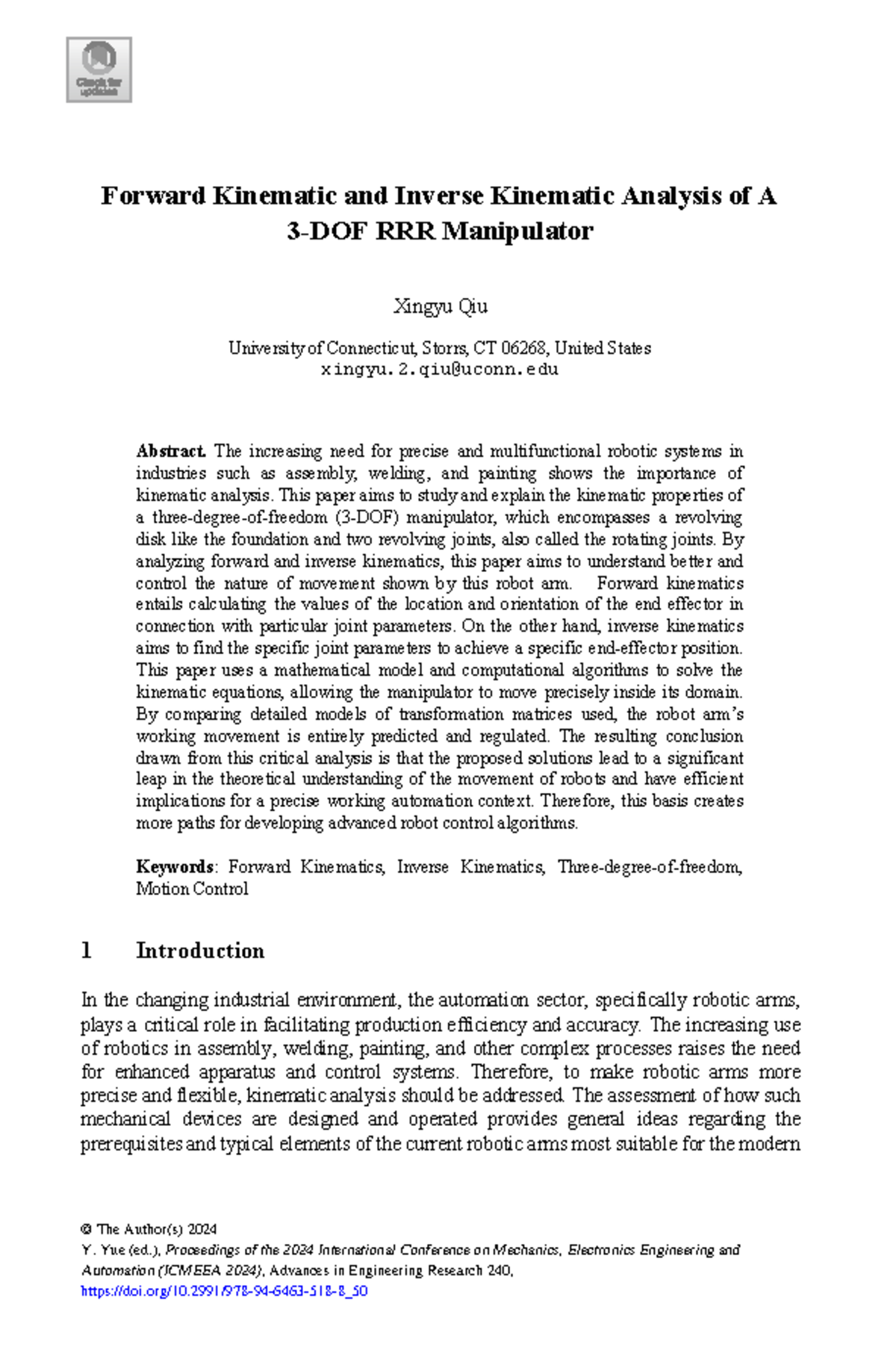 Forward and Inverse Kinematic Analysis of a Manipulator (ENGR 126003627 ...