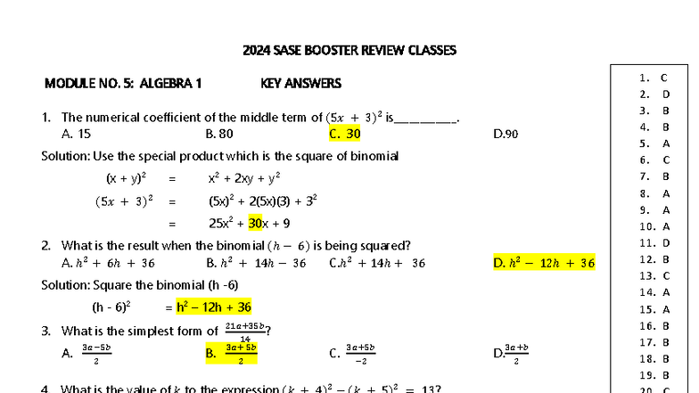 Module 5: Algebra 1 Answer Key for 2024 SASE Booster Review - Studocu