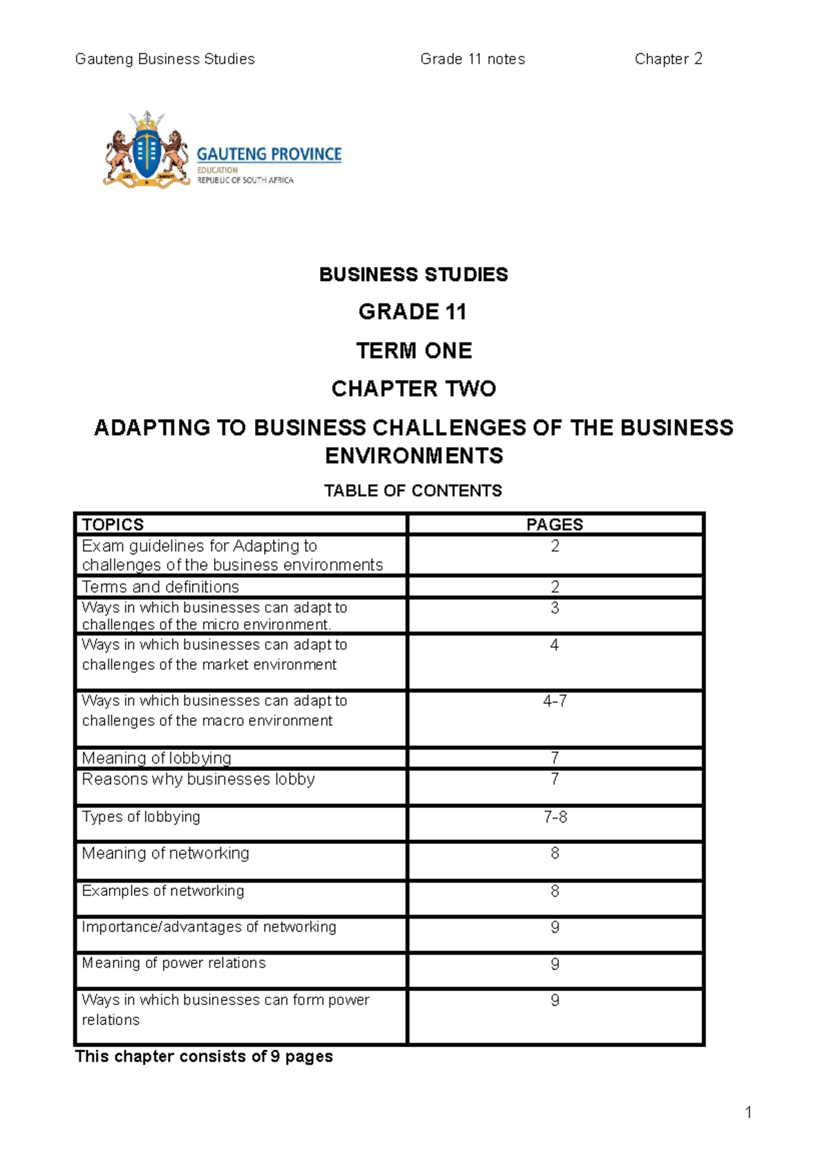 Chapter 2: Adapting to Business Challenges in GRADE 11 Studies - Studocu