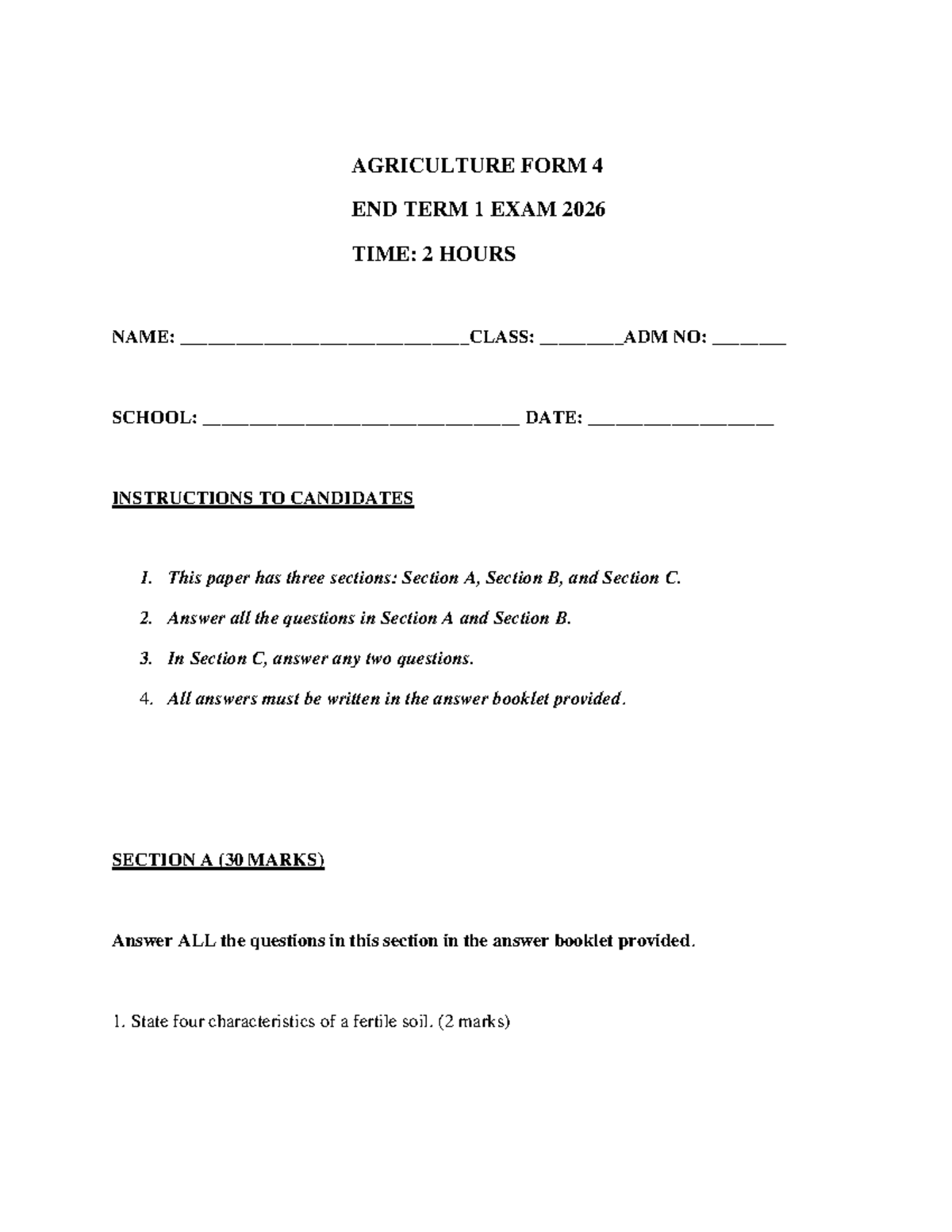 AGRICULTURE FORM 4 END TERM 1 EXAM 2026 - FINANCE NOTES - Studocu