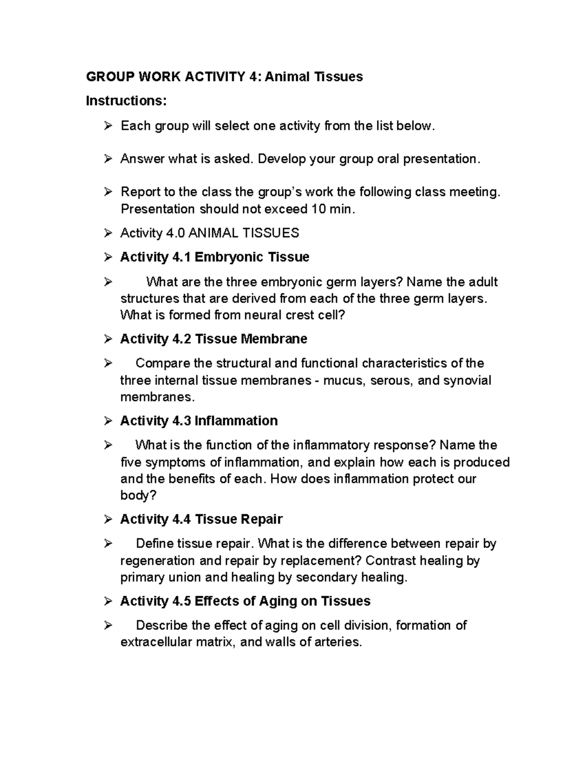 GROUP WORK ACTIVITY 4: Animal Tissues Overview and Instructions - Studocu