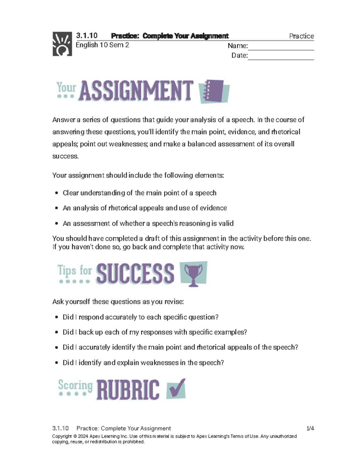 English 10 Sem 2: Practice - Analyzing Speech Assignments - Studocu