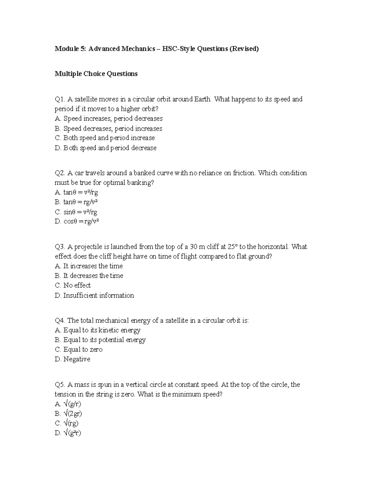 Physics Module 5: Advanced Mechanics MCQ & Problem Set - Studocu