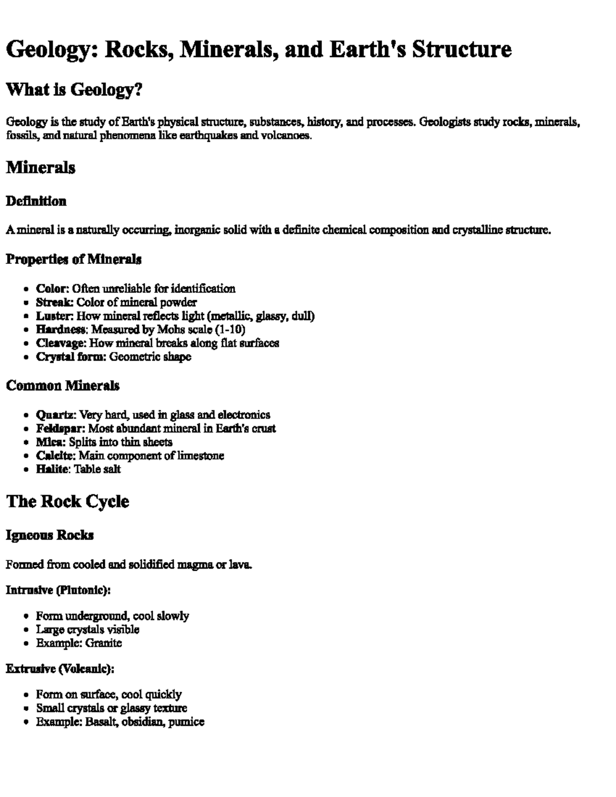 Geology 101: Rocks, Minerals, and Earth's Structure Overview - Studocu